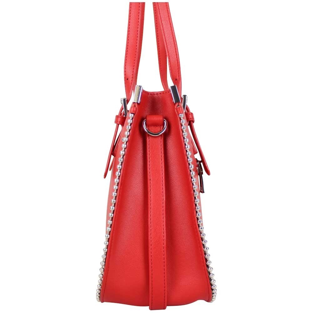 Sac à main Fuchsia toile surpiquée déco rivets et chaîne beige